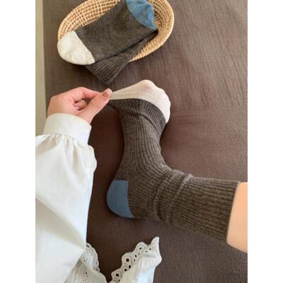 复古咖啡三拼色微压设计+细条纹巨显腿细~袜子女无骨秋冬堆堆中筒