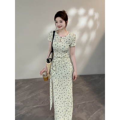 颂宋 夏季新款法式清新圆领碎花温柔绑带显瘦短袖裙子套装DT2031