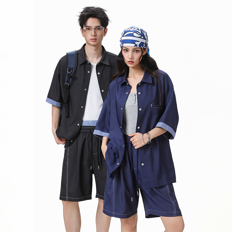 「设计师品牌」潮牌夏季简约百搭宽松仿牛仔短袖衬衫外套男女
