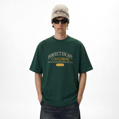 「设计师品牌」复古小高领割烂短袖春夏潮牌美式街头做旧上衣T恤