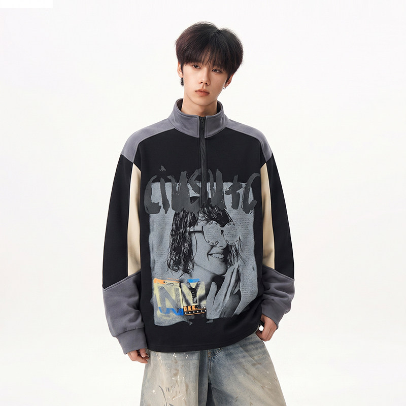 「设计师品牌」日系休闲潮搭时尚外套拼色CityBoy随性插肩袖卫衣