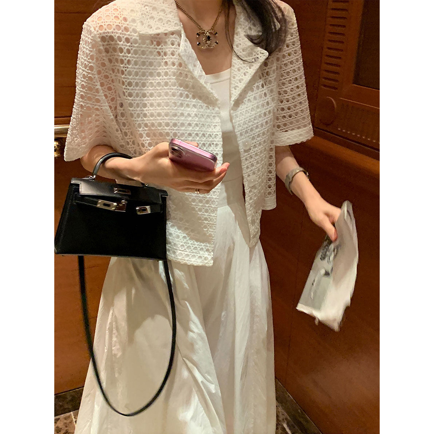 韩国chic夏季小众复古西装领蕾丝镂空显瘦薄款透气短袖衬衫上衣女