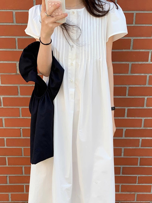 小排扣压褶设计短袖初恋连衣裙