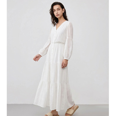 【ES定单】法式温柔灯笼袖裙子2026春V领中长款仙气飘飘A字连衣裙