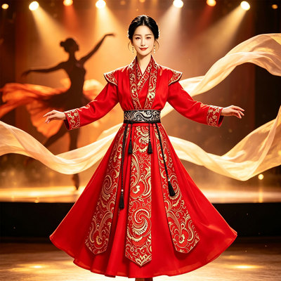 套马杆中国风红色古装演出服女打鼓服古典舞蹈服侠客大国威仪