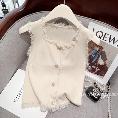 法式小香风流苏背心小吊带针织衫2024年夏季新款设计感小众上衣