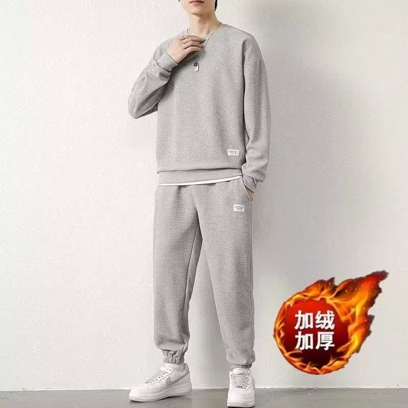 冬季男士加绒加厚休闲运动套装微阔宽松帅气搭配华夫格卫衣套装潮