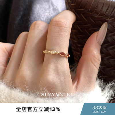suzyacc kr红色滴釉菱格水钻戒指新年圣诞氛围感食指戒复古指环女