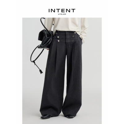 INTENT 拿破仑排扣西裤高腰线A字阔腿解构褶位宽松筋骨感休闲长裤