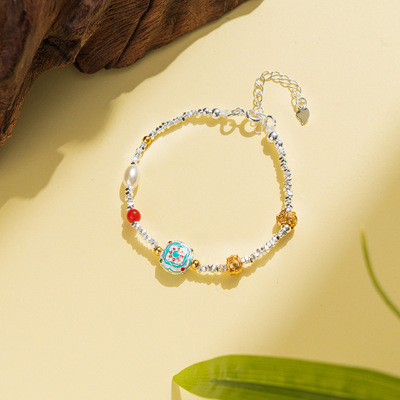 铜镀银镀金碎银几两手链珐琅绿松小花手链可调节气质手饰