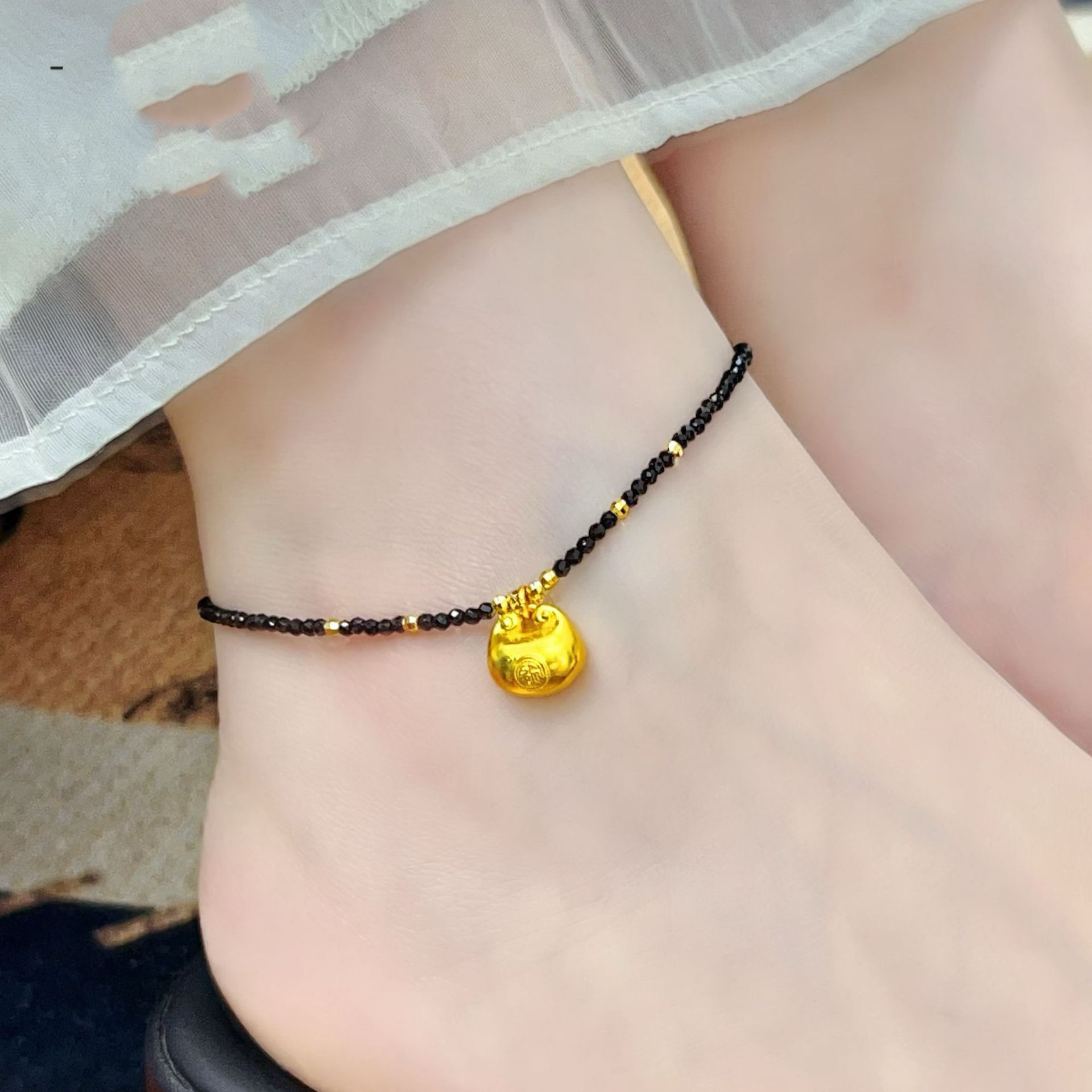 小胖福仿红色黑色尖晶石脚链手链精致百搭高级感