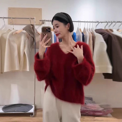 2025年圣诞穿搭红色v领套头针织衫女本命年毛衣今年流行漂亮上衣