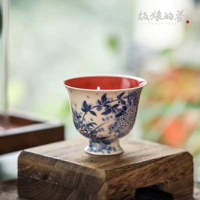 景德镇高温瓷焱谷雨香斋全手绘宫墙红绣球花主人杯70ml茶杯茶具