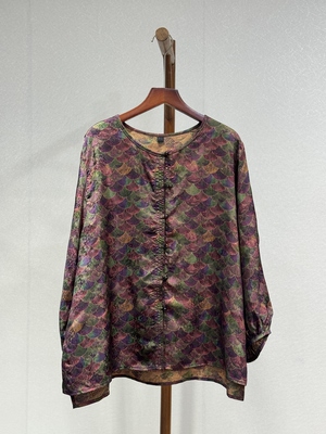 原创设计 香云纱小萝彩色龙鳞纹时尚气质百搭圆领衬衫7537