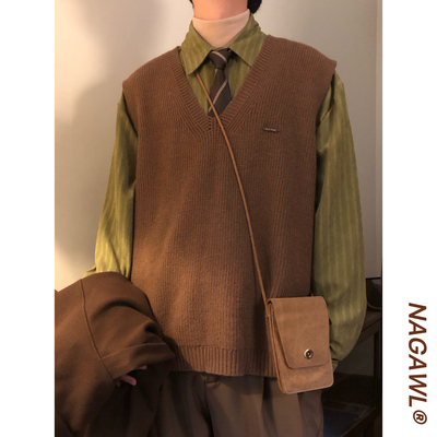 NAGAWL秋季日系复古潮牌宽松简约百搭针织衫马甲背心无袖毛衣男女