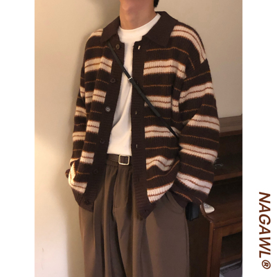 NAGAWL春秋季新款条纹翻领开衫毛衣美式复古慵懒宽松百搭针织衫男