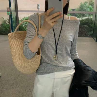 春季新韩国东大门OU*CE纯色简约显瘦一字领长袖T恤上衣女