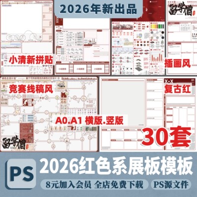2026环艺景观城市规划红色系展板A0A1竖版横版PS展板PSD排版模板