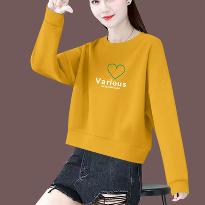 春秋季长袖短款印花纯棉T恤女