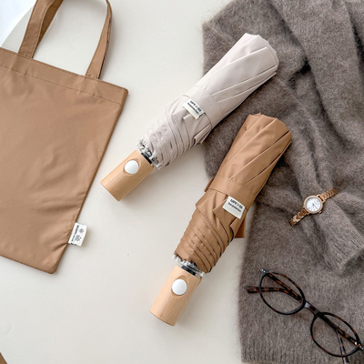 haru 日系木制伞柄晴雨伞两用三折全自动防晒加大加固折叠遮阳伞