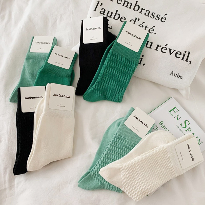 IFJE PUGS「时髦小心机」泡泡奶油白绿色秋冬复古袜子女堆堆袜_虎窝淘