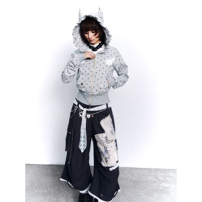 失落后花园轻亚少女波点小翅膀双拉链花边立耳连帽开衫卫衣短外套