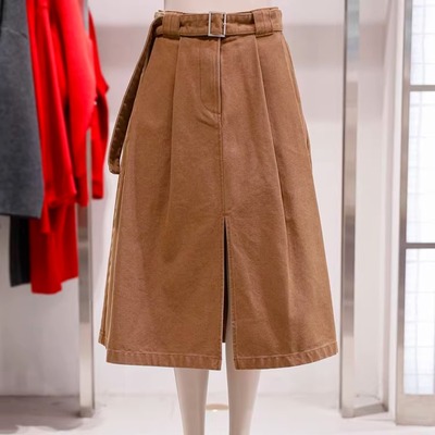 STUDIO TOMBOY高腰显瘦棉质半身裙女通勤复古双褶A字裙可调节腰带
