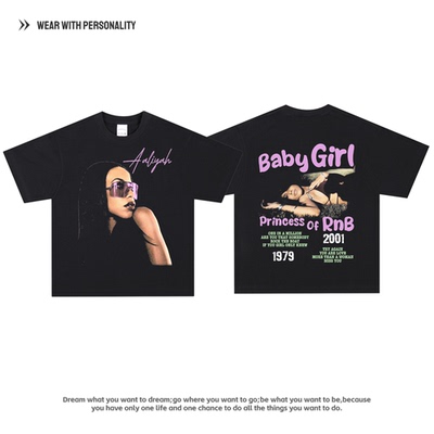 阿莉雅达纳霍顿Aaliyah美式双面印花纯棉透气重磅复古宽松长短袖