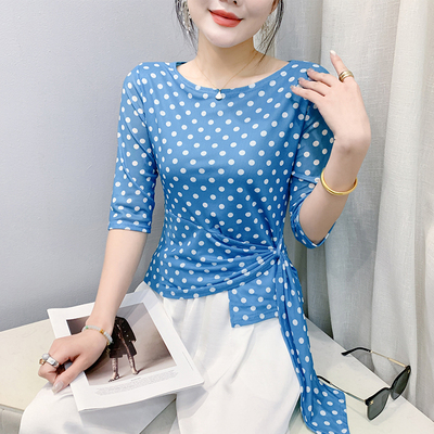 气质减龄波点印花中袖T恤女夏装新款不规则绑带紧身网纱上衣小衫
