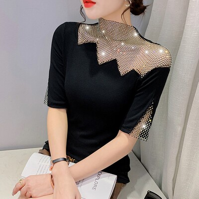 性感镂空上衣洋气烫钻T恤衫
