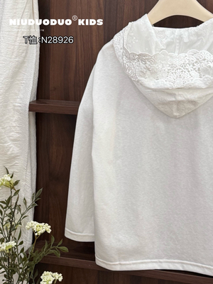 牛哆哆2025春新款女童长袖T恤大童衣服女孩洋气时髦蕾丝连帽78926