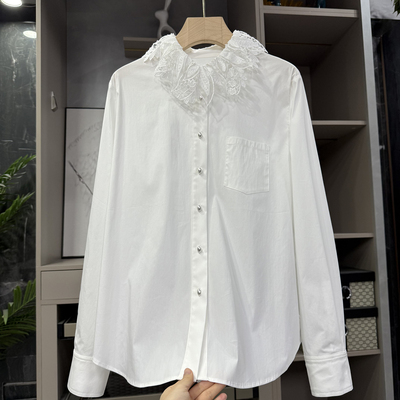 宽松花边荷叶领长袖棉衬衫上衣
