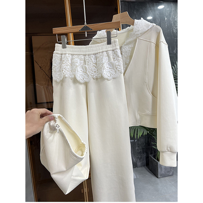 拼接蕾丝连帽卫衣外套+卫裤套装