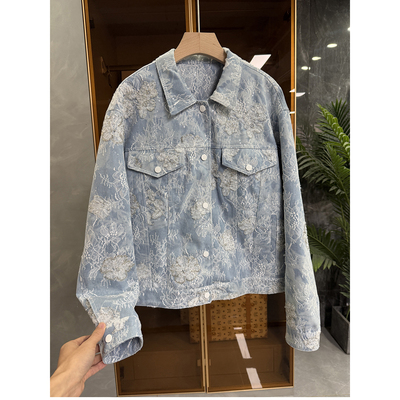 宽松钉珠刺绣蕾丝牛仔夹克外套