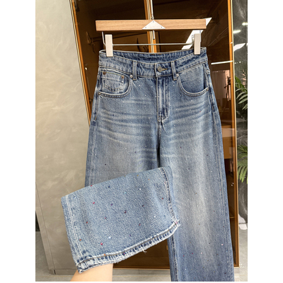 N货！烫钻中高腰莱卡牛仔阔腿裤