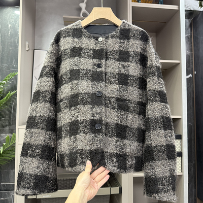 法柜宽松圈圈绒羊毛格子圆领外套