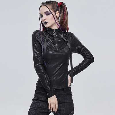 朋克摇滚rock立领绑带长袖女T恤