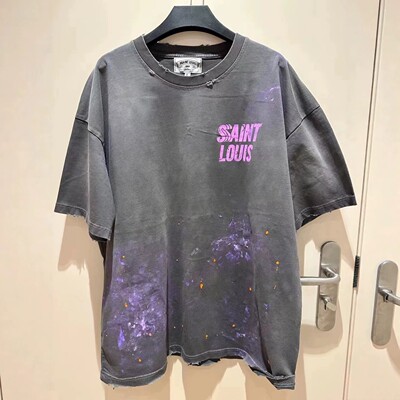 saint Louis 美式潮牌做旧做脏破坏紫色泼墨短袖夏季宽松情侣T恤