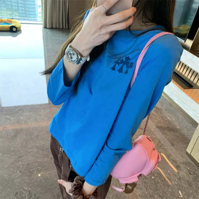 十字架梵文植绒长袖T恤女春夏新款美式显瘦九分袖打底衫复古上衣