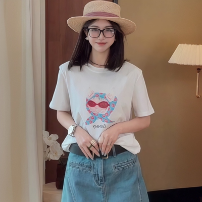 重工串珠卡通印花猫咪短袖T恤女