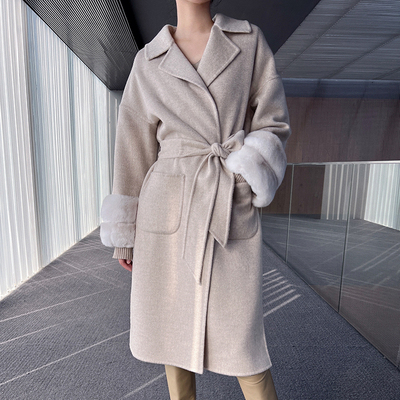 意大利品牌LP羊绒加栗鼠青紫蓝长款外套皮草系带年轻款直筒通勤