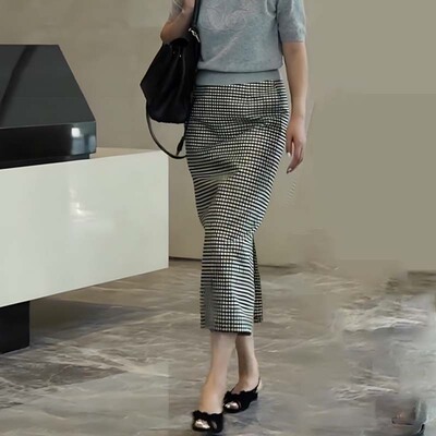 韩版黑白格子过膝高腰直筒包臀裙2024春夏新款开叉中长款半身裙子