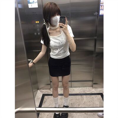 美式复古辣妹正肩蕾丝t恤短袖女