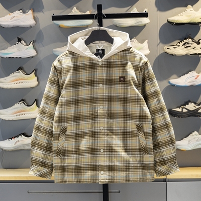 李宁男子棉服2026春季新款反伍系列宽松保暖连帽格子外套AFMW001