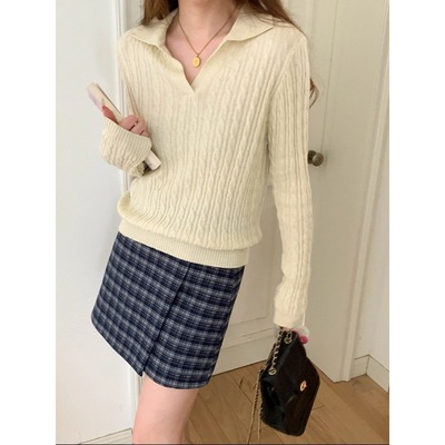 海曼女装早春新款 气质复古polo领麻花针织衫毛衣HZ53827