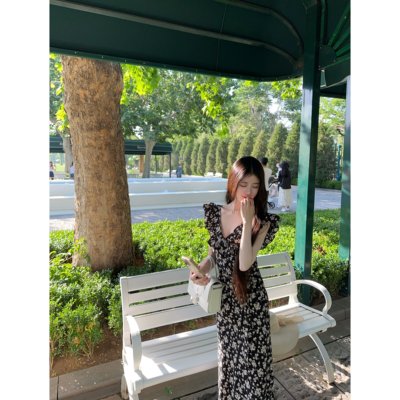 JAMAIS VU【伊甸园】黑色碎花 两面穿连衣裙女夏长款收腰显瘦系带