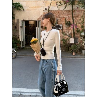 95棉春秋新款圆领长袖T恤打底衫女大码胖mm修身内搭正肩纯色上衣