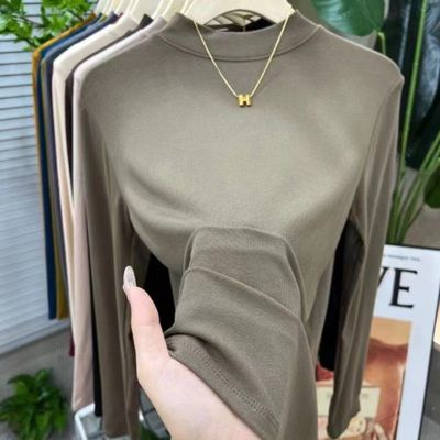 莫代尔棉春秋冬大码小立领长袖打底衫T恤女修身内搭百搭纯色上衣