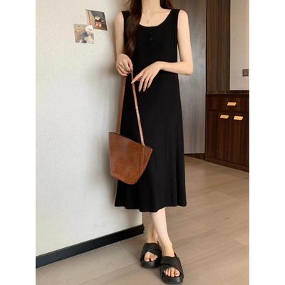 莫代尔长款过膝纽扣吊带背心裙春夏季大码宽松外穿内搭打底连衣裙