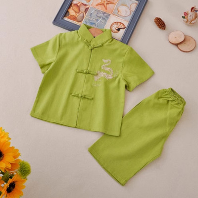 新款夏装男童绣龙绣花短袖棉麻 儿童唐装套装宝宝六一中式服装